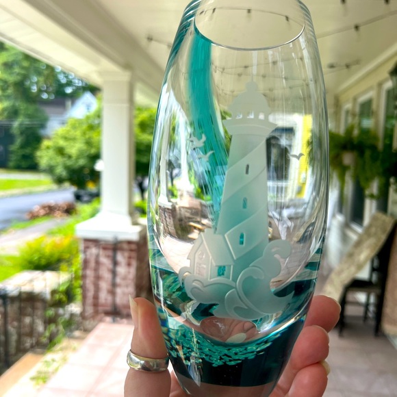Lenox | Accents | Vtg Lenox Crystal 8 Teal Swirl Wave Etched Lighthouse ...